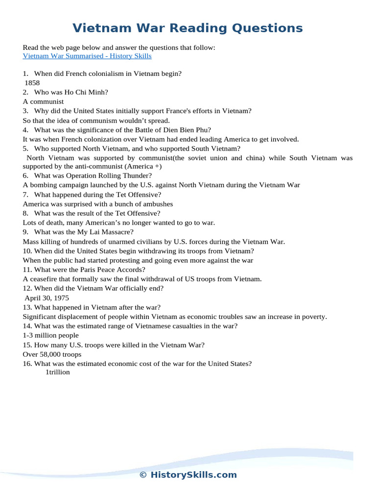 Vietnam War Reading Questions | PDF | Vietnam War | Vietnam