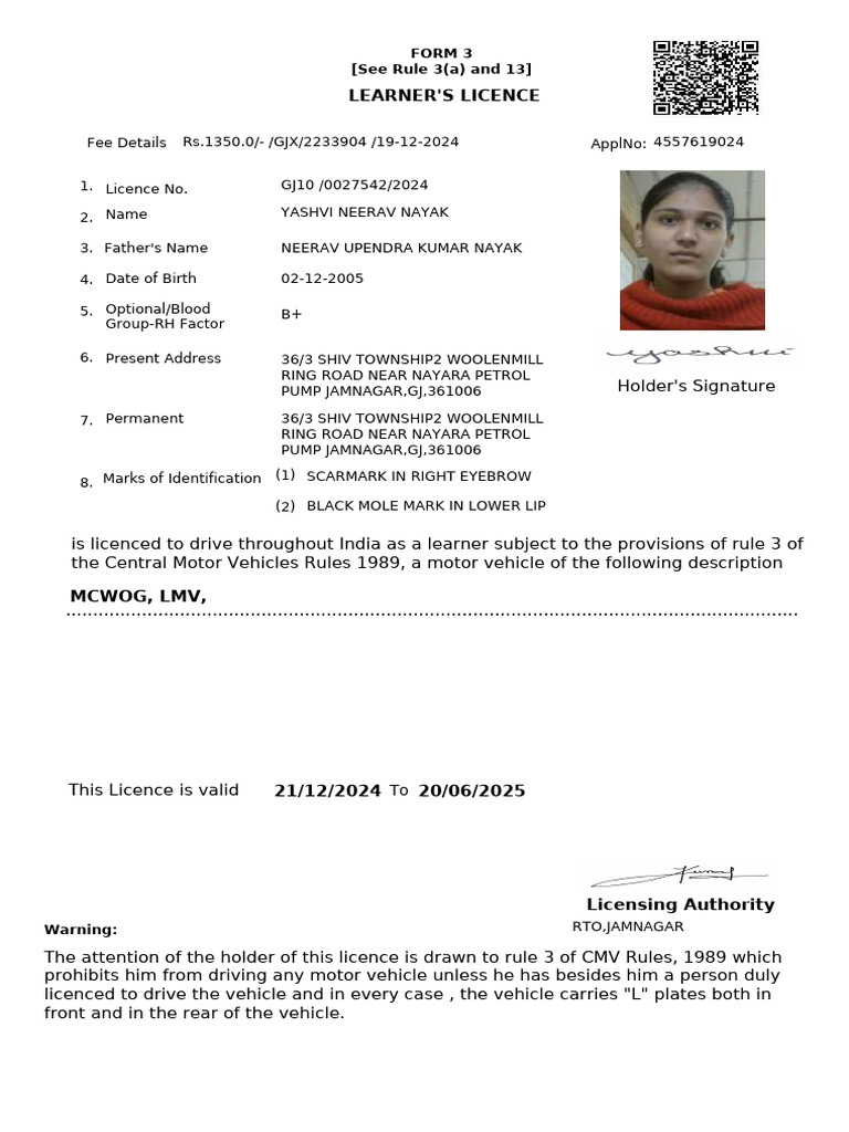 Learner'S Licence: Form 3 (See Rule 3 (A) and 13) | PDF