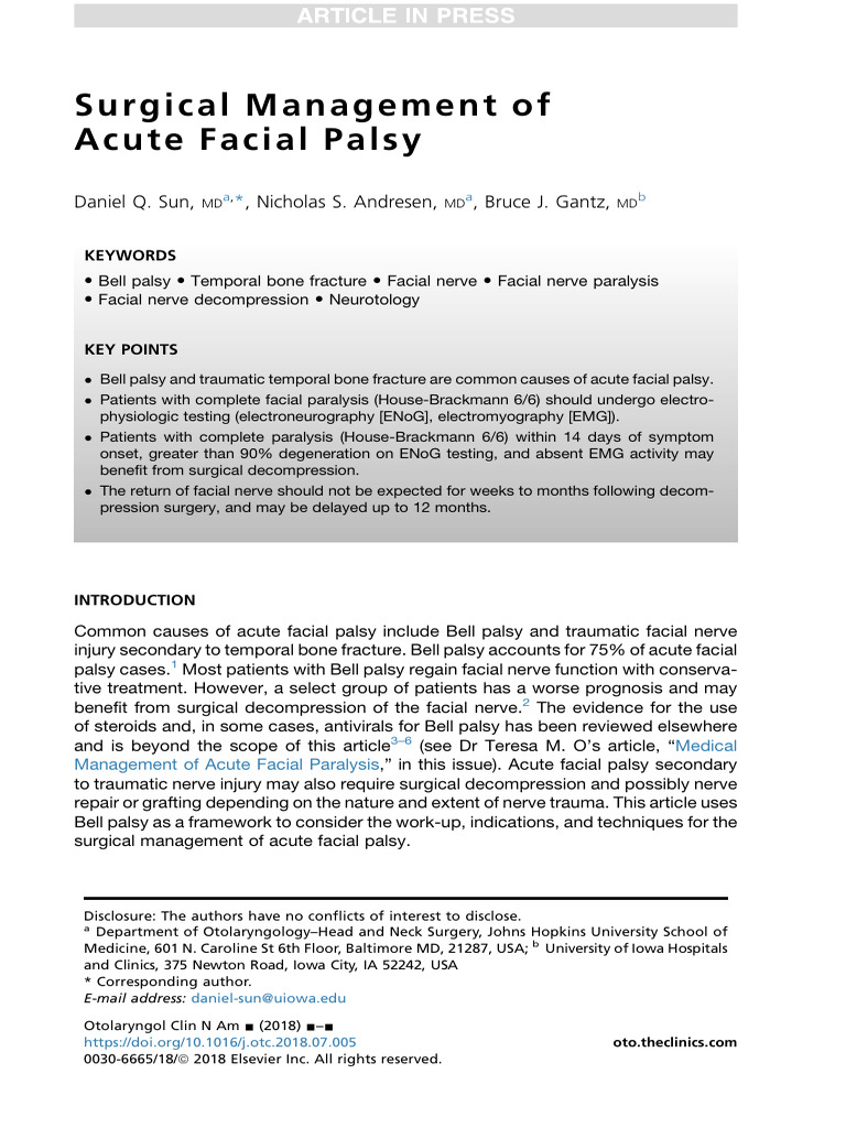 Surgical Management of Acute Facial Palsy | PDF | Human Anatomy | Human ...