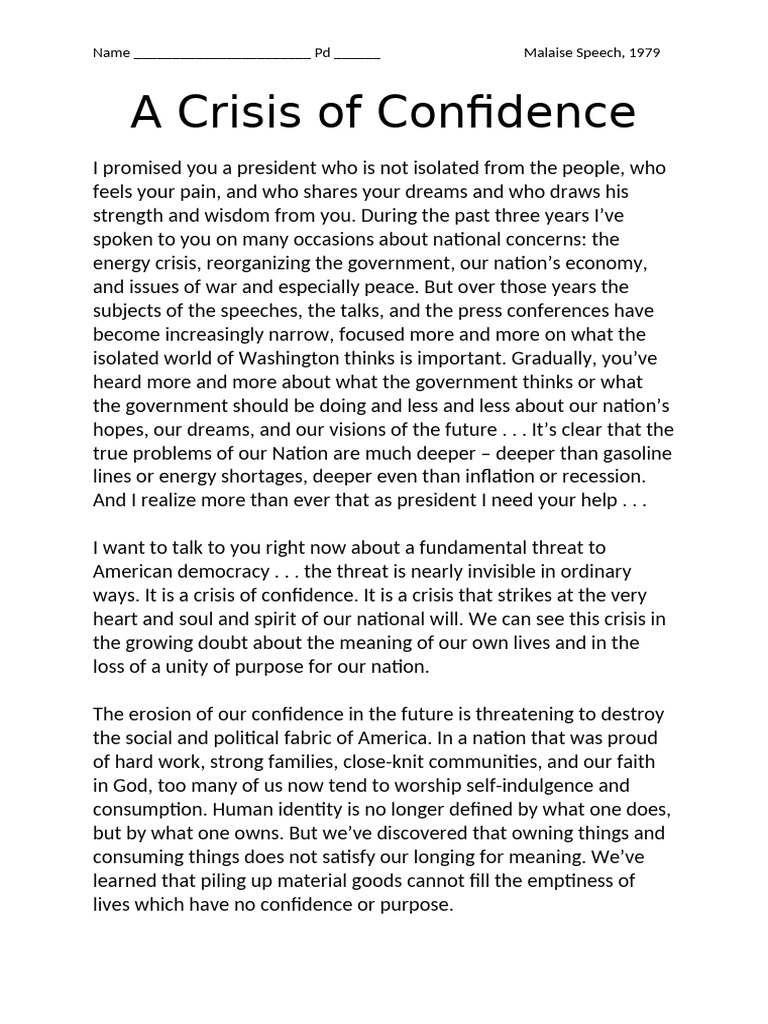 Jimmy Carter's 1979 Malaise Speech Analysis | PDF | Jimmy Carter | Faith