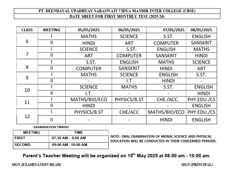 First Monthly Examination Datesheet 2025-26 | PDF