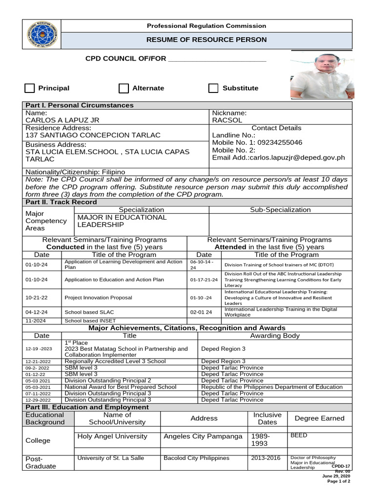 PRC Resume - LAPUZ CARLOS JR. A. 1 | PDF