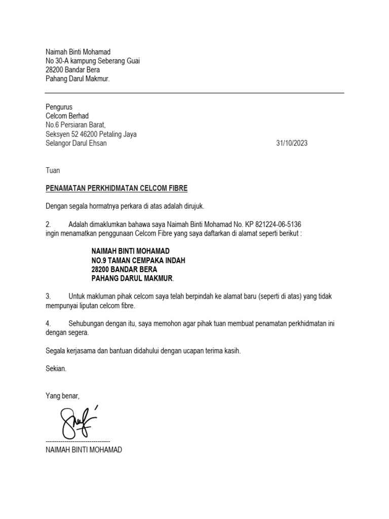 Surat-Penamatan Celcom Fibre | PDF