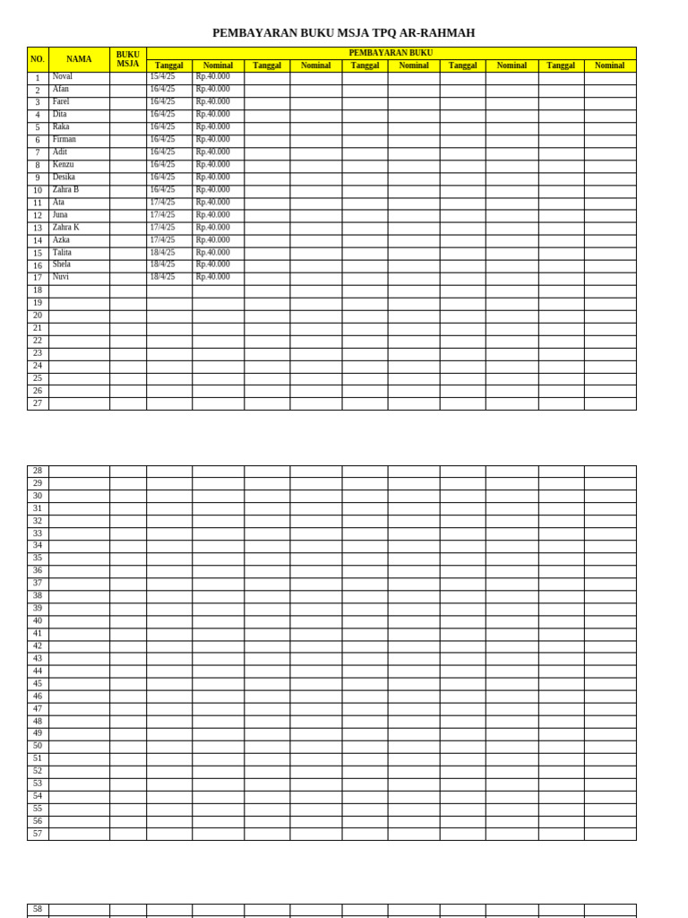 Pembayaran Buku Msja TPQ | PDF
