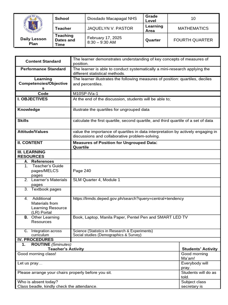 Daily Lesson Plan Mathematics 10 Calculate Quartiles For Ungrouped Data | PDF | Quartile | Data