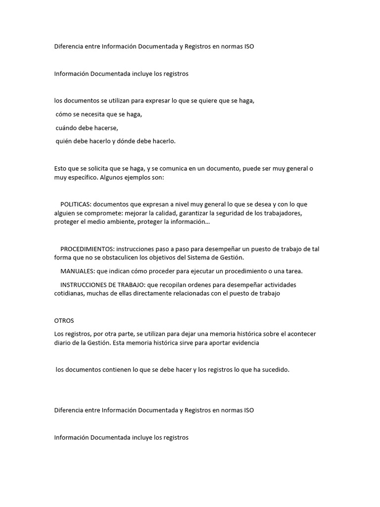 Información Documentada vs Registros ISO | PDF | Memoria | Organización ...