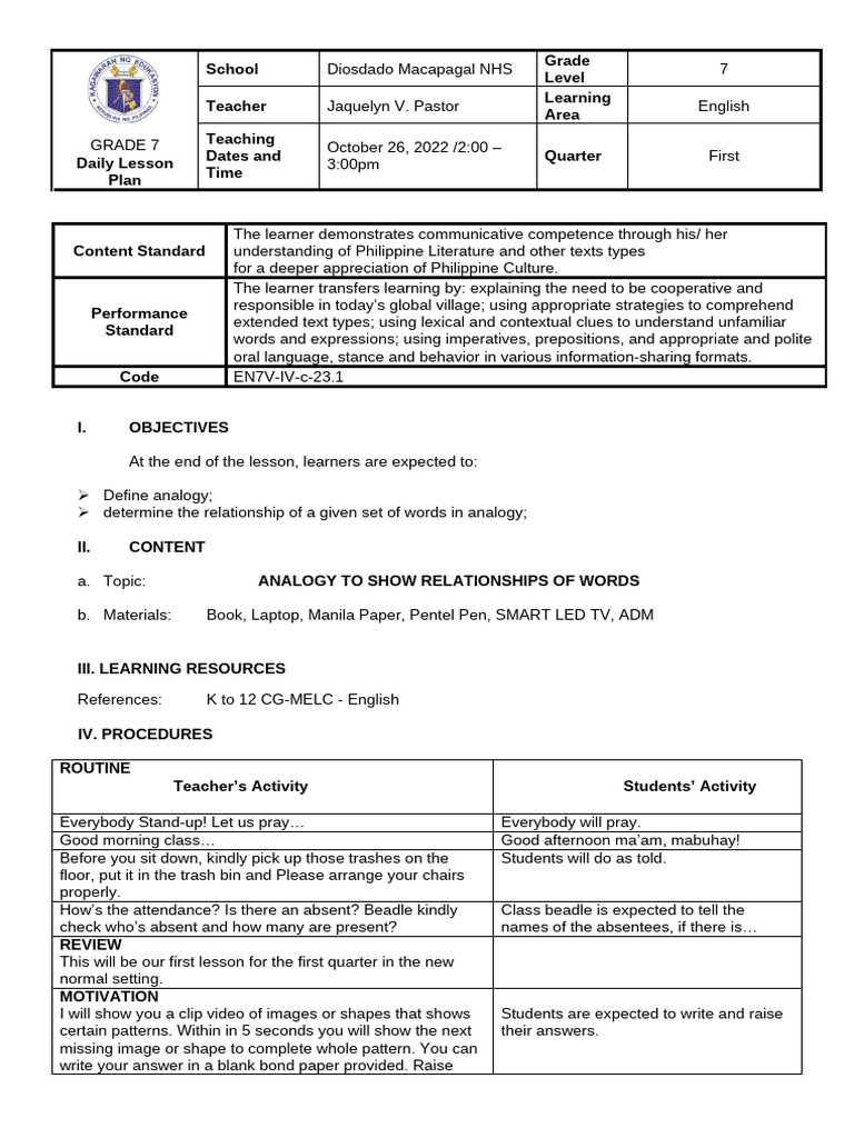 Daily Lesson Plan For English 7 Analogy To Show Relationships of Words ...