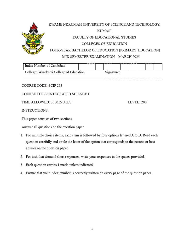 Y2S1-P 2025 Midsem SCIP 253 Integrated Science I | PDF | Weight | Mass