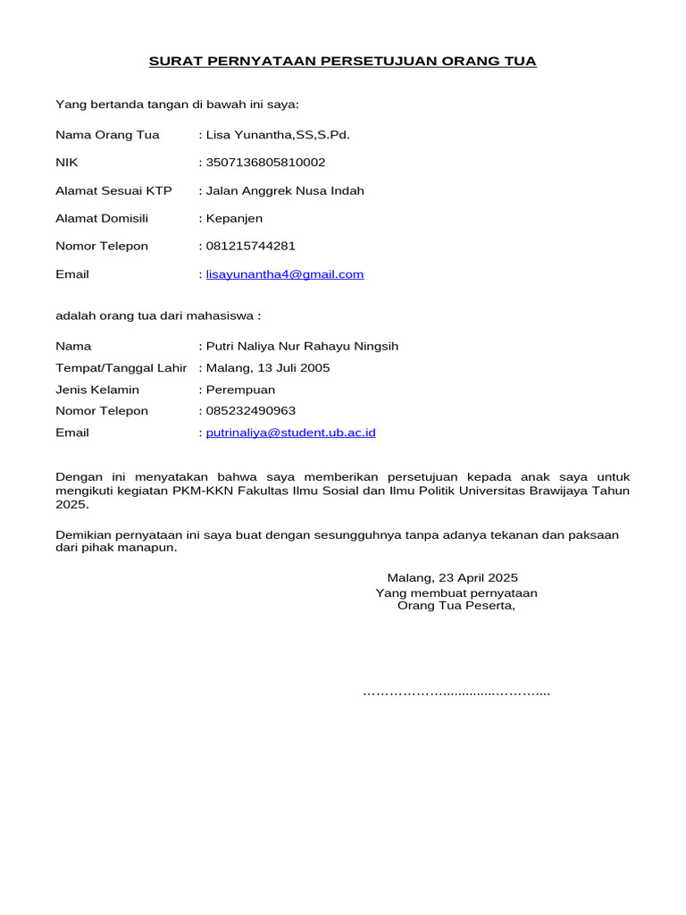Surat Persetujuan Orang Tua KKN UB 2025 | PDF