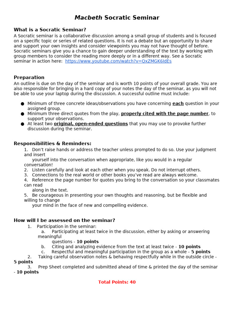 Macbeth Socratic Seminar Prep Sheet | PDF | Macbeth