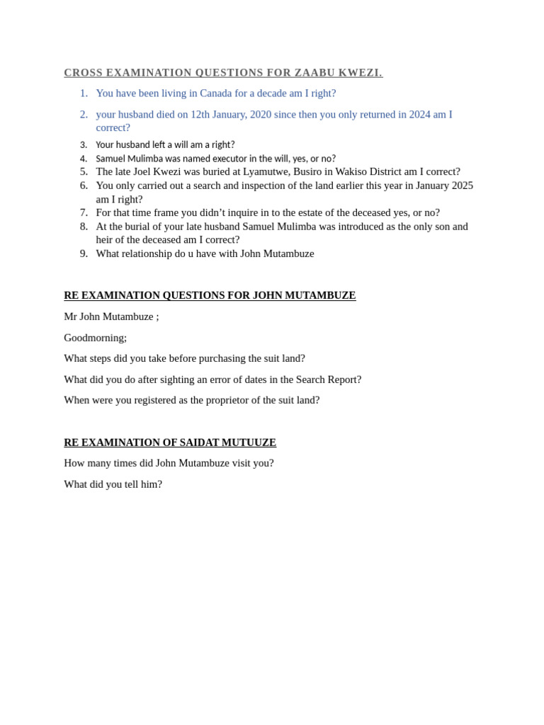 Cross Examination Questions For ZAABU KWEZI | PDF