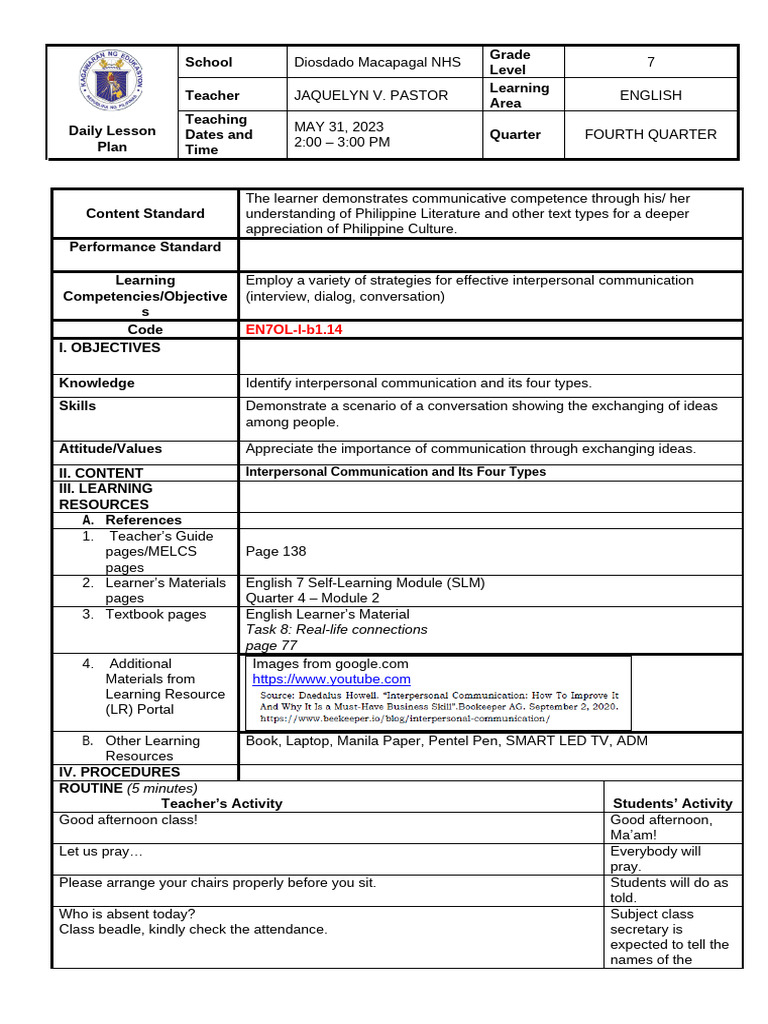 Daily Lesson Plan English 7 Interpersonal Communication and Its Four Types | PDF | Communication ...