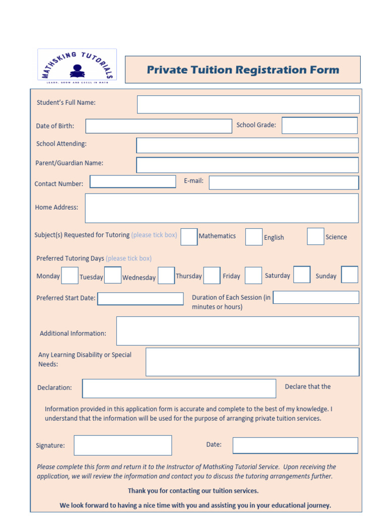 Private Tuition Registration Form | PDF