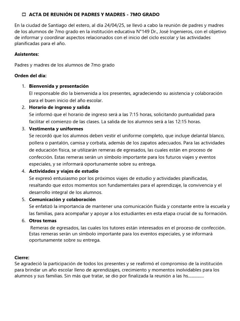 Reunión de Padres 7mo Grado 2025 | PDF