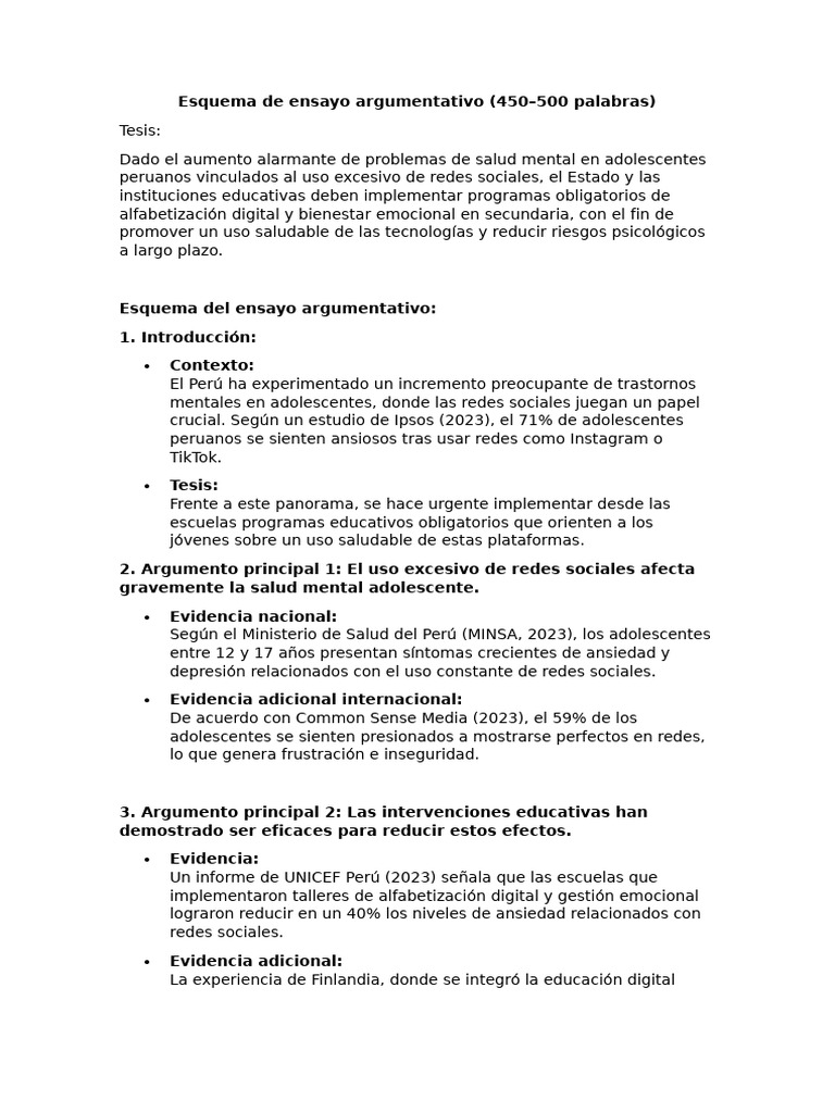 Esquema de Ensayo Argumentativo | PDF | Ansiedad | Adolescencia