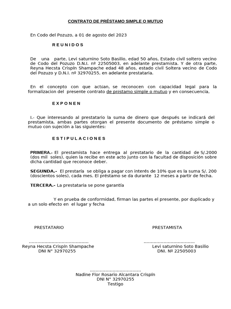 Contrato de Préstamo Simple o Mutuo | PDF