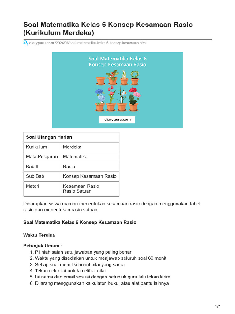 Soal Matematika Kelas 6 Konsep Kesamaan Rasio Kurikulum Merdeka | PDF