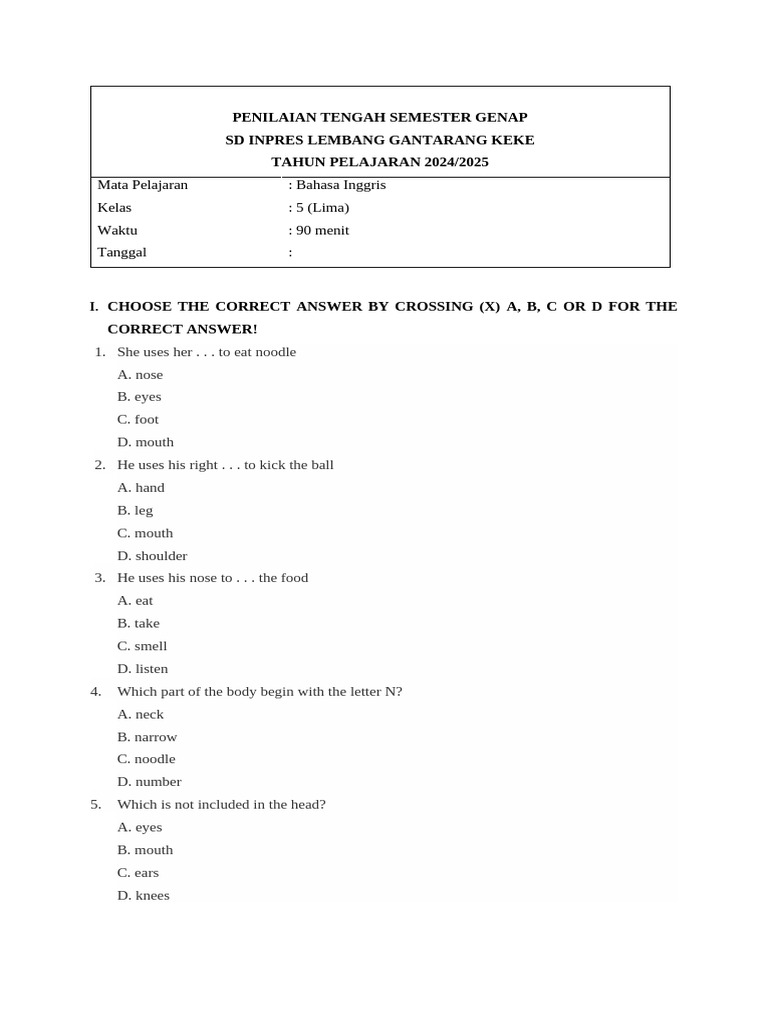 Soal Pts II Bhs Inggris Kelas v Sdi Lembang | PDF