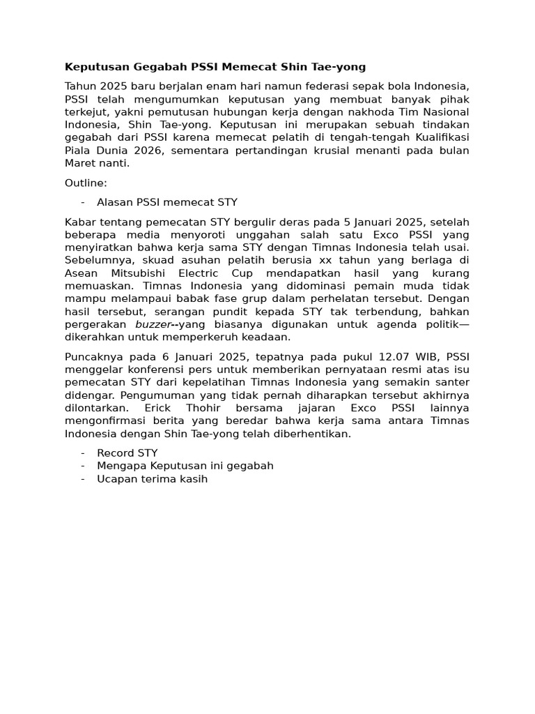Keputusan Gegabah PSSI Memecat Shin Tae-Yong | PDF