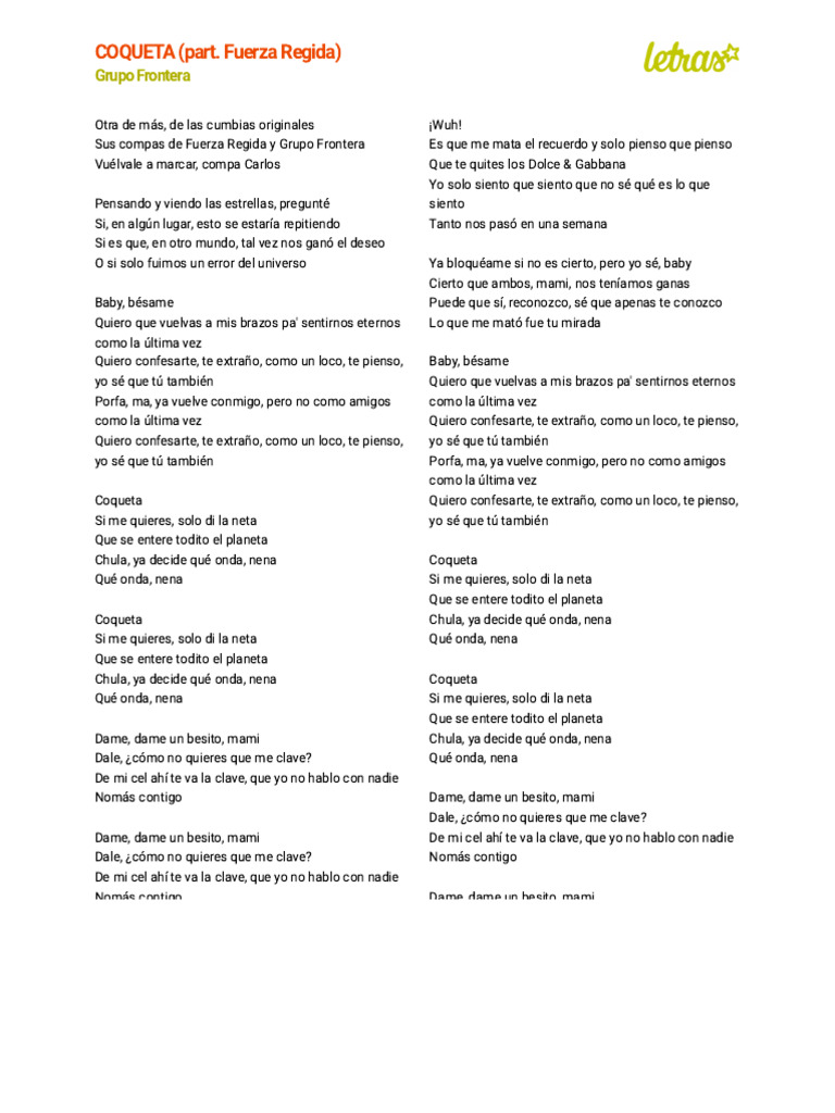 COQUETA (PART. FUERZA REGIDA) - Grupo Frontera (Impresión) | PDF