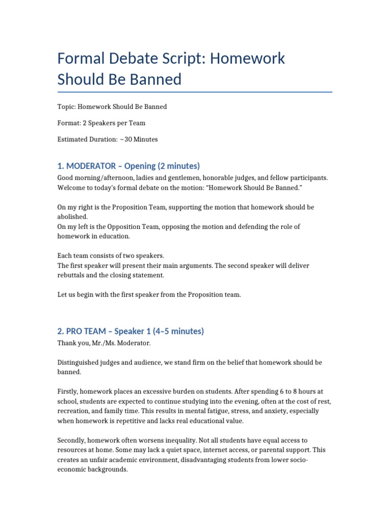Formal Debate Homework Should Be Banned | PDF | Homework | Learning