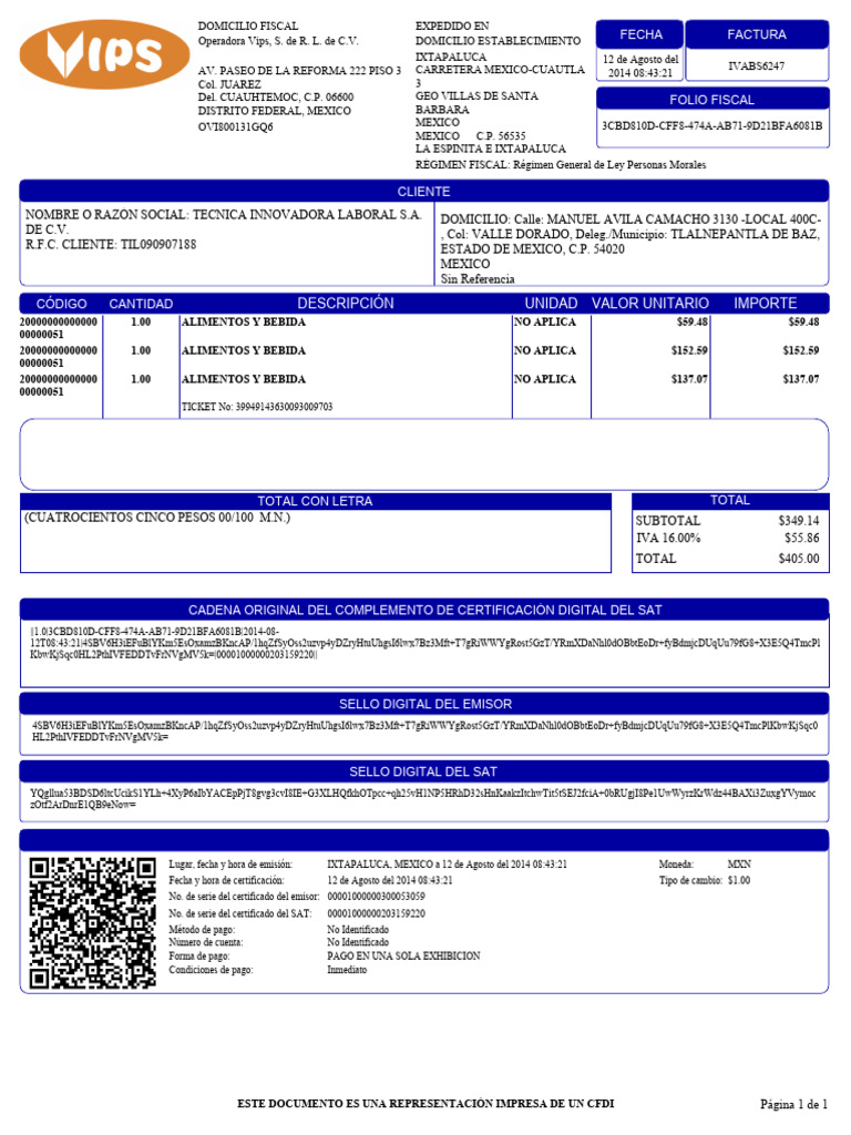 Folio Fiscal CFDI de Operadora Vips | PDF