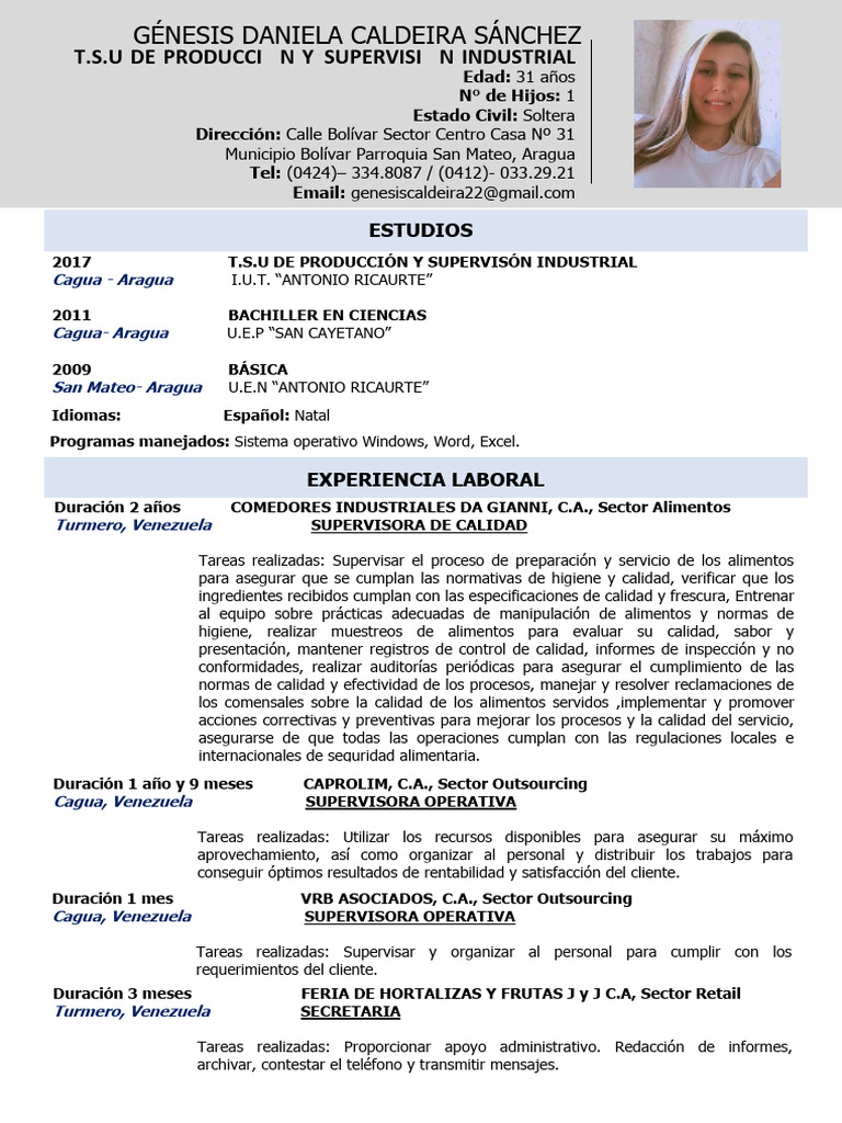 Genesis Caldeira CV Nuevo | PDF | Seguridad alimenticia
