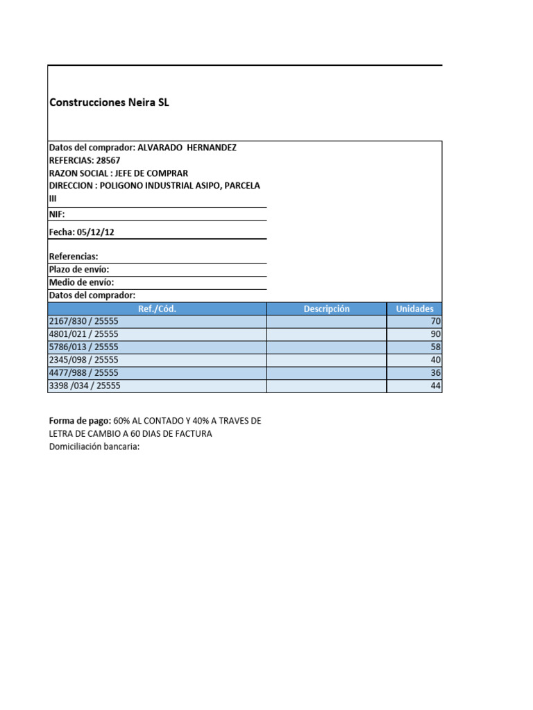 Modelo Pedido Tabulado Construcciones Neira-2 | PDF