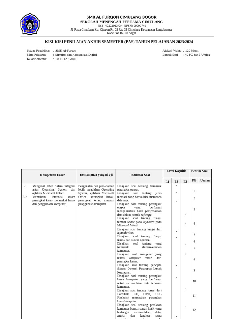 Kisi-Kisi PAS Soal Kelas 10-11-12 Semester 1 (2023-2024) - Simulasi Dan Komunikasi Digital | PDF