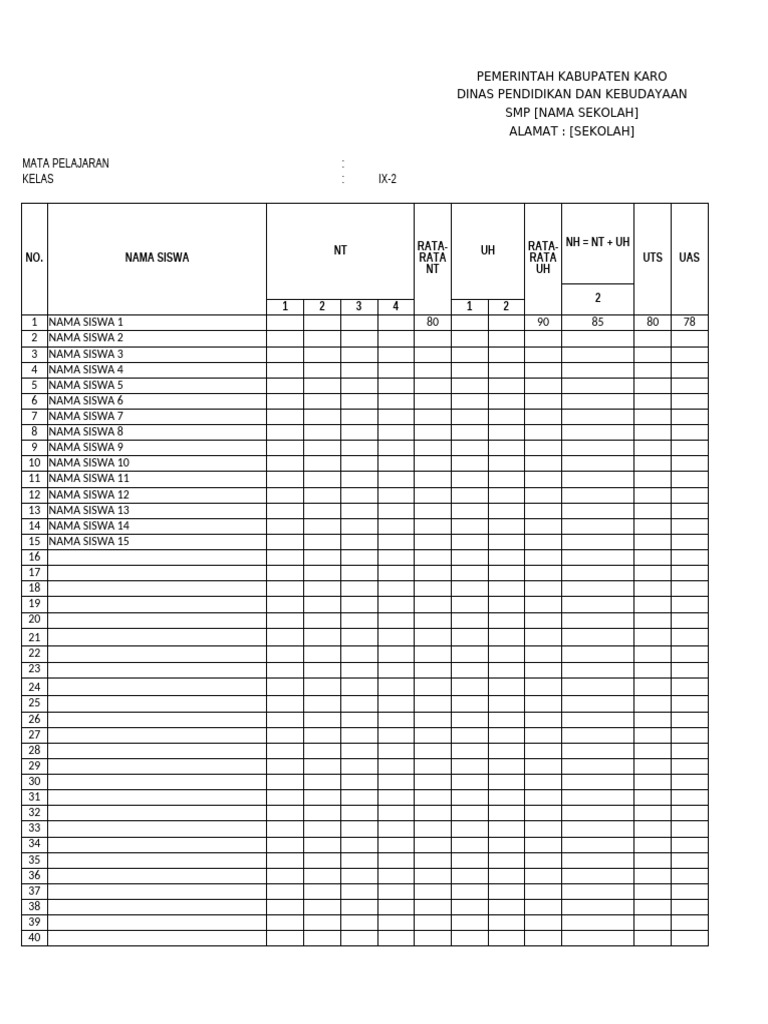 Contoh Format Nilai Mapel Latihan | PDF