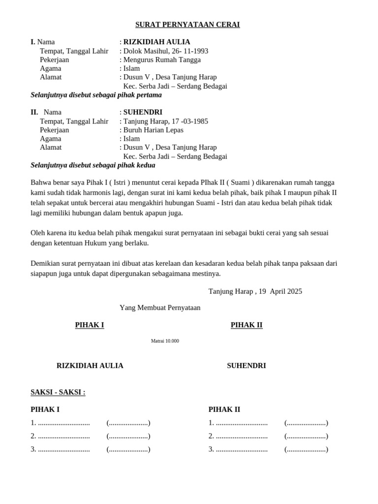 Surat Pernyataan Cerai | PDF