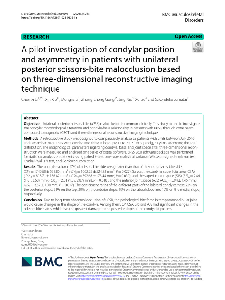 A Pilot Investigation of Condylar Position and Asymmetry | PDF