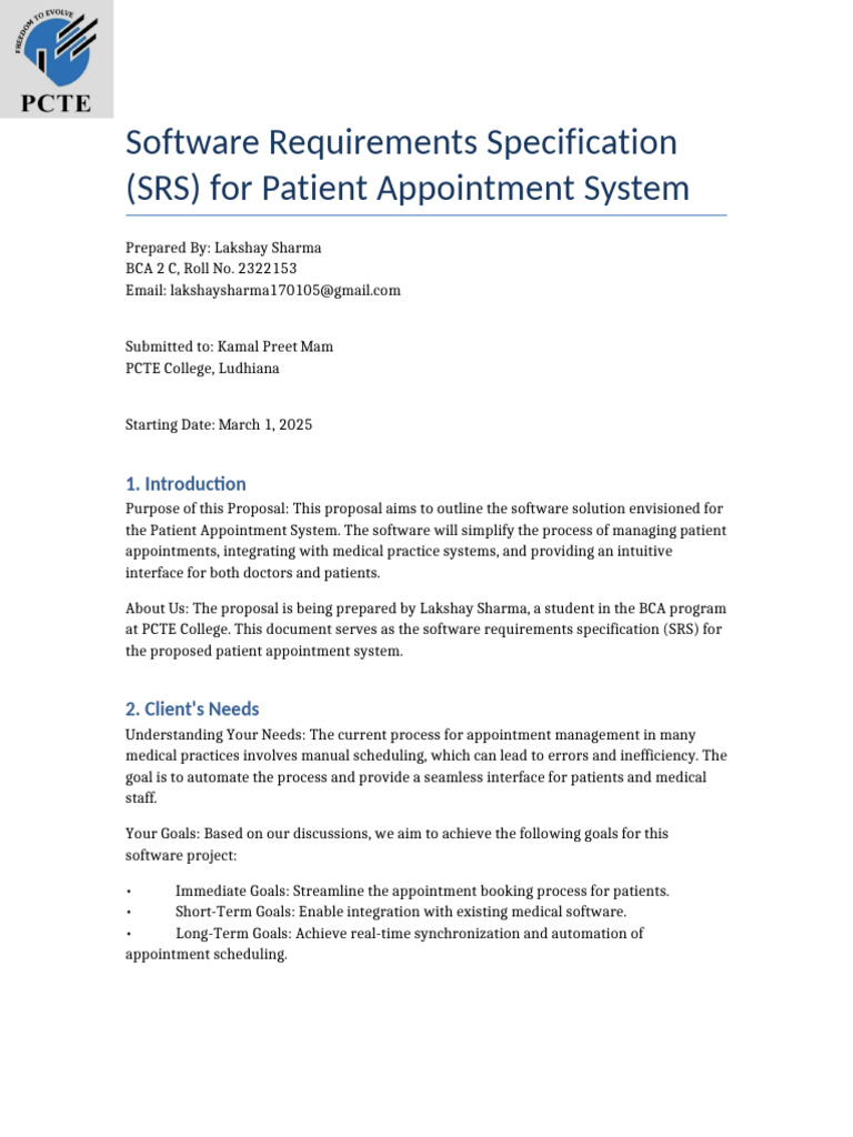 Patient Appointment System SRS Lakshay Sharma (1) | PDF | Software ...