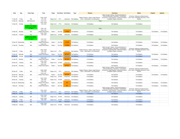 Advanced Classes Schedule - Sheet1 | PDF | Chemistry | Chemical Substances