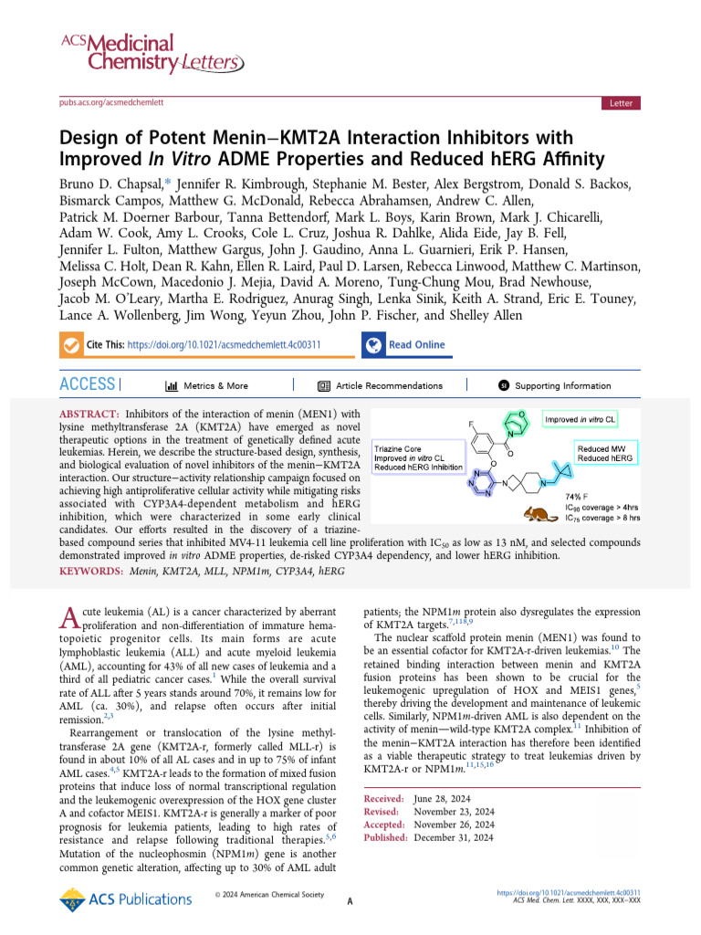 Chapsal Et Al 2025 Design of Potent Menin Kmt2a Interaction Inhibitors With Improved in Vitro ...
