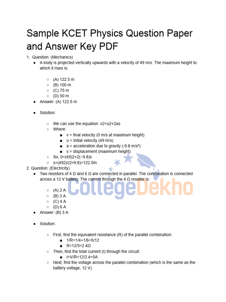 Sample Kcet 2025 Physics Question Paper and Answer Key PDF | PDF ...