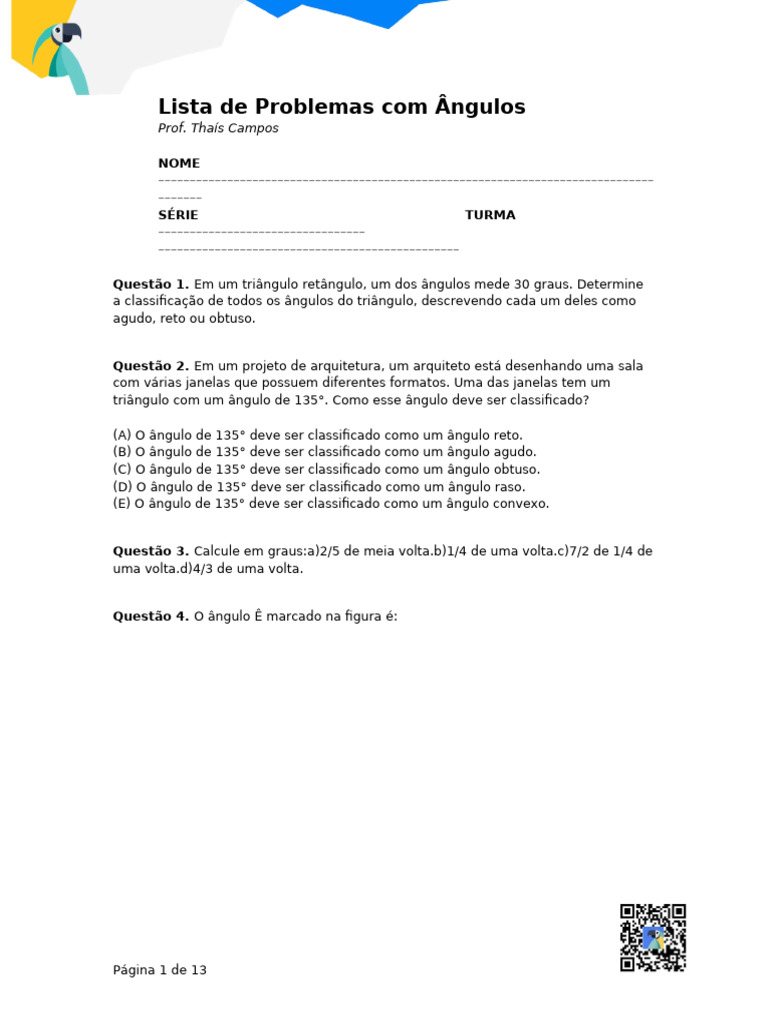 Lista de Problemas Com Ngulos | PDF | Ângulo | Triângulo