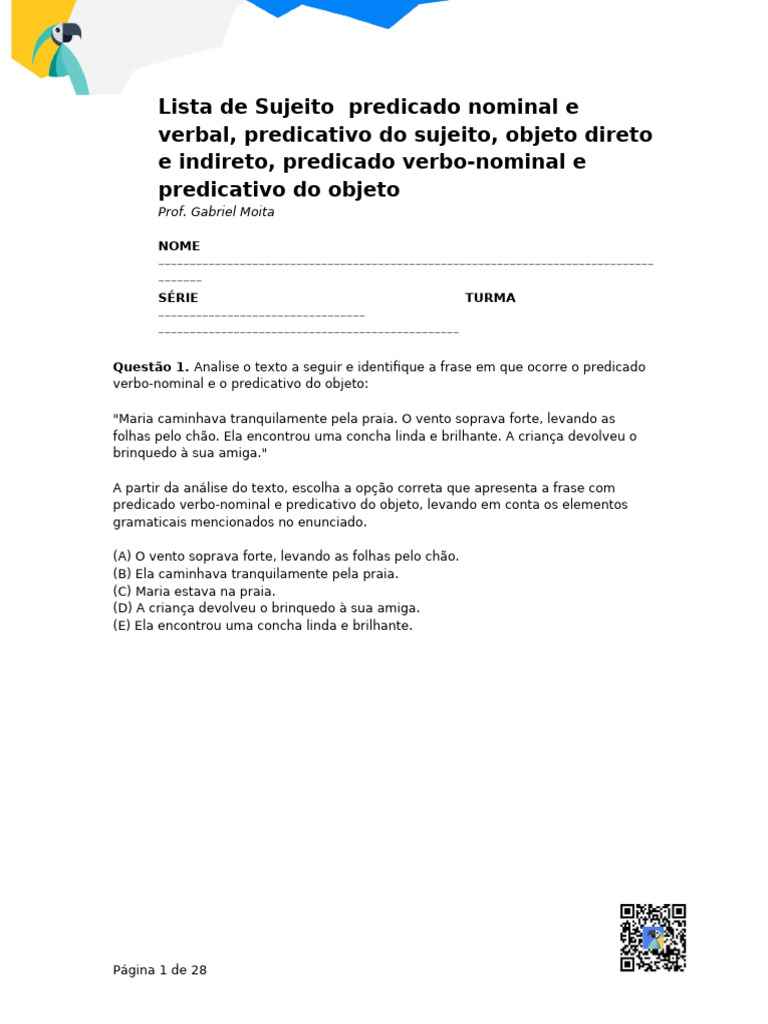 Lista de Sujeito Predicado Nominal e Verbal, Predicativo Do Sujeito ...