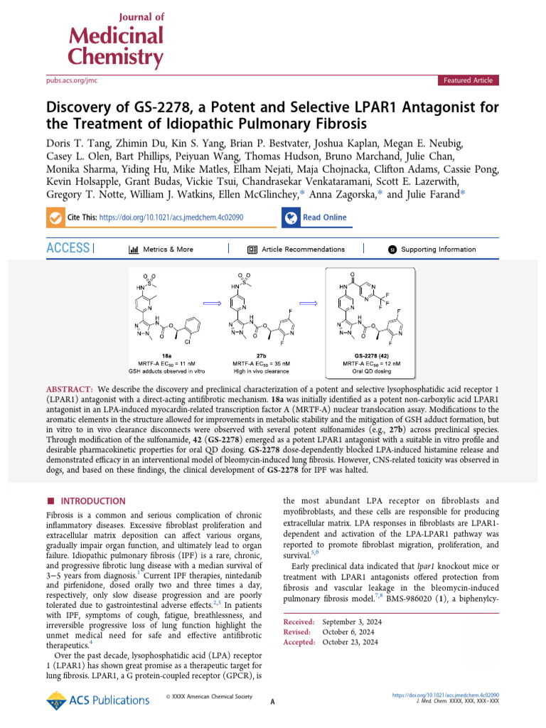 Tang Et Al 2024 Discovery of Gs 2278 A Potent and Selective Lpar1 ...