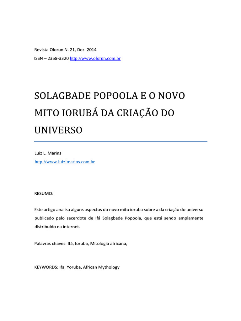 MARINS -Solagbade Poopola e o Novo Mito Da Criação Do Universo | PDF