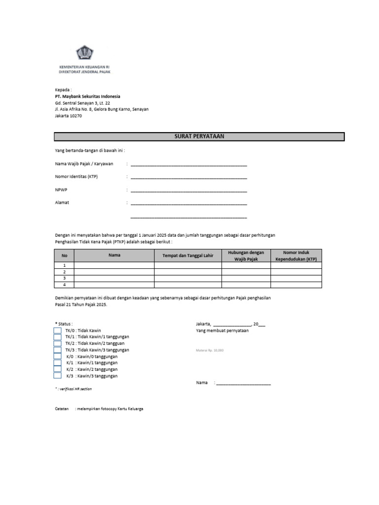 Template Surat Pernyataan Tanggungan Pajak 2025 | PDF