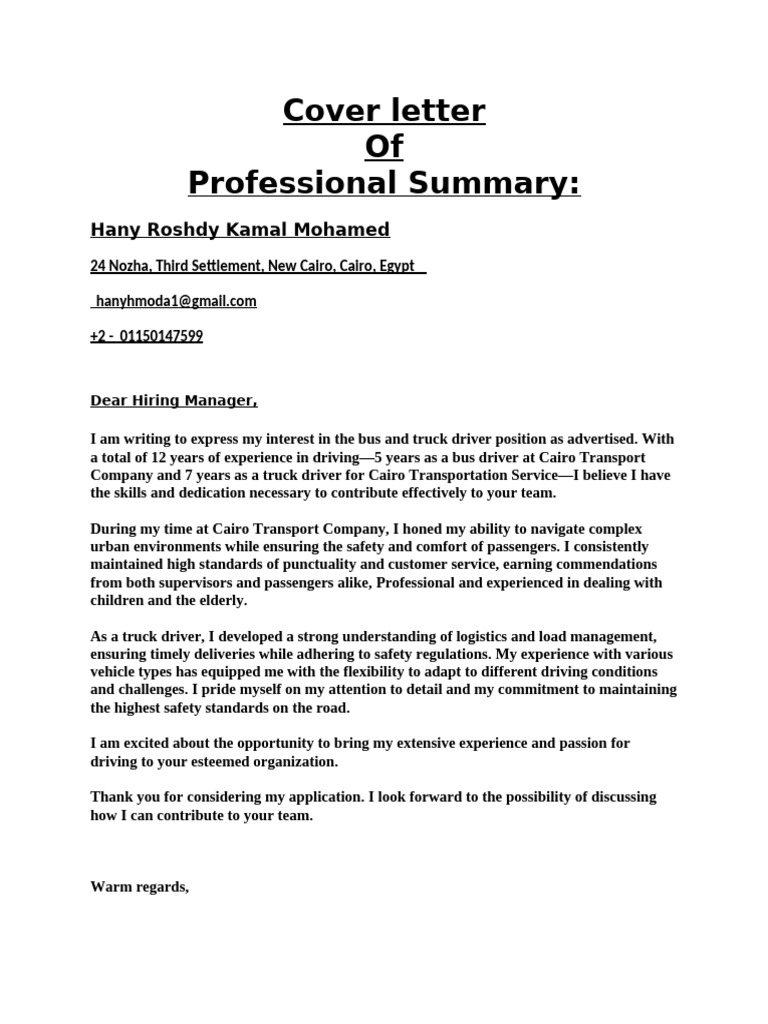 Bus and Truck Driver Cover Letter | PDF
