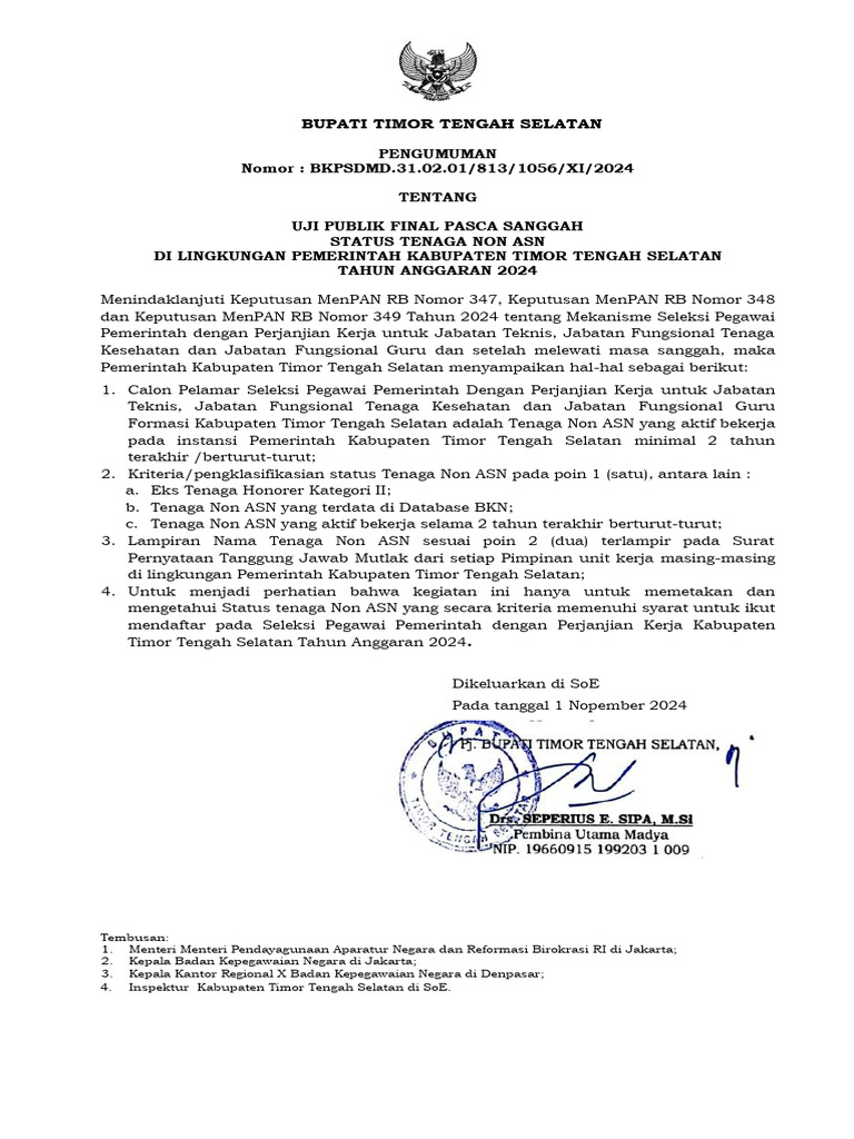 Pengumuman Uji Publik Pasca Sanggah Data Non Asn 2024-1 | PDF