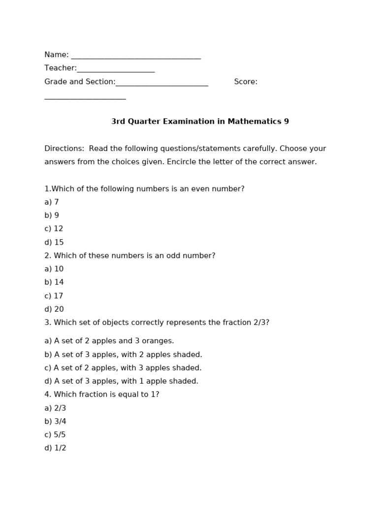 Math Exam Questions for Grade 9 | PDF | Odds | Numbers