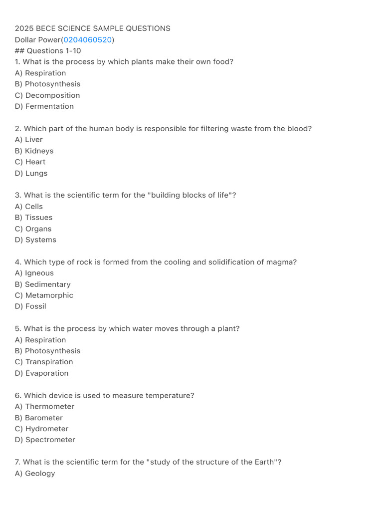 2025 Bece Science Sample Questions | PDF | Chemical Bond | Ionic Bonding