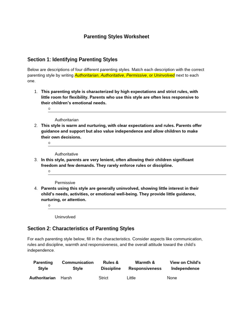 Parenting Styles Overview and Worksheet | PDF | Parenting | Human ...