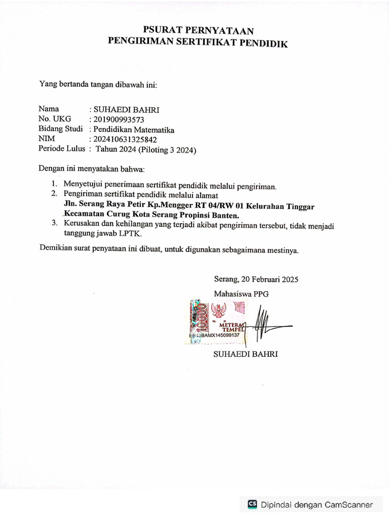 Surat Pernyataan Pengiriman Serdik | PDF