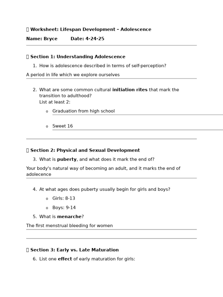 Lifespan Adolescence Worksheet | PDF | Adolescence | Gender