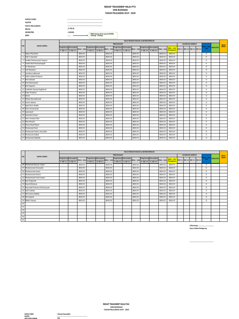 Form Nilai Pai Pas X TKJ B Ganjil 2019-2020 | PDF