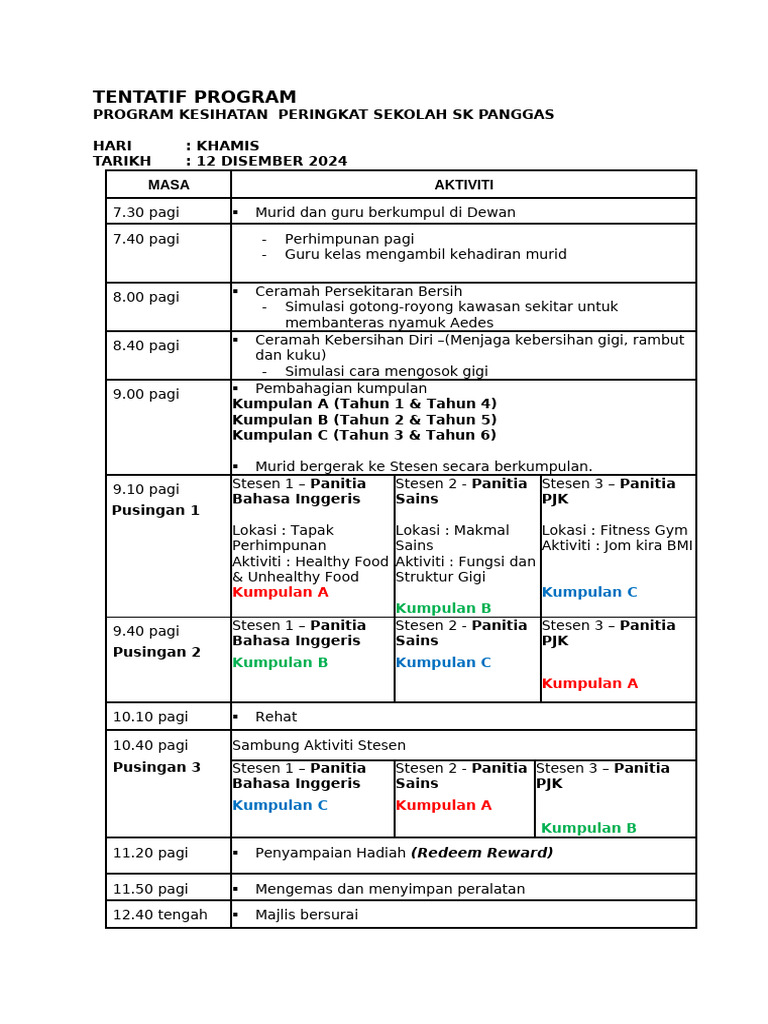Tentatif & Ajk Program Hari Kesihatan 2024 | PDF